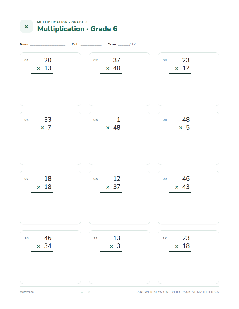 Grade 6 Multiplication Worksheets: Free Printable with Answers | Mathter